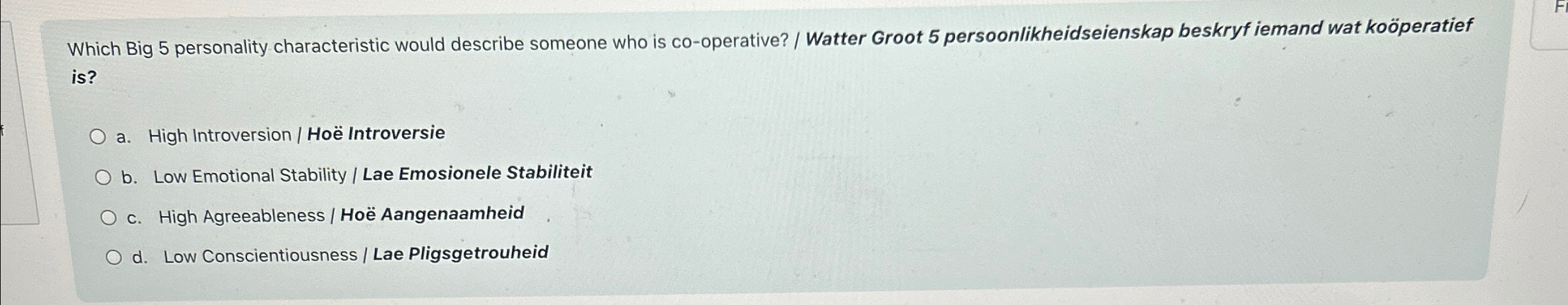 Solved Which Big 5 ﻿personality characteristic would | Chegg.com