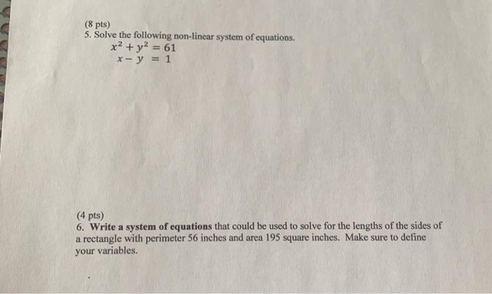 Solved (8 pts) 5. Solve the following non-linear system of | Chegg.com
