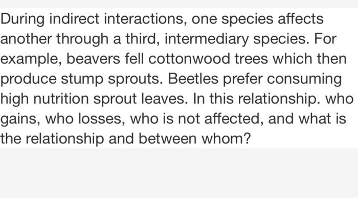 Solved During indirect interactions, one species affects | Chegg.com