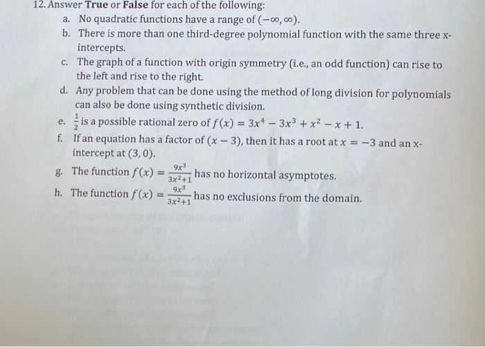 Solved 12. Answer True or False for each of the following: | Chegg.com