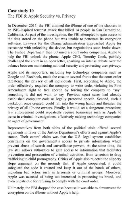 Case study 10 The FBI \& Apple Security vs. Privacy | Chegg.com