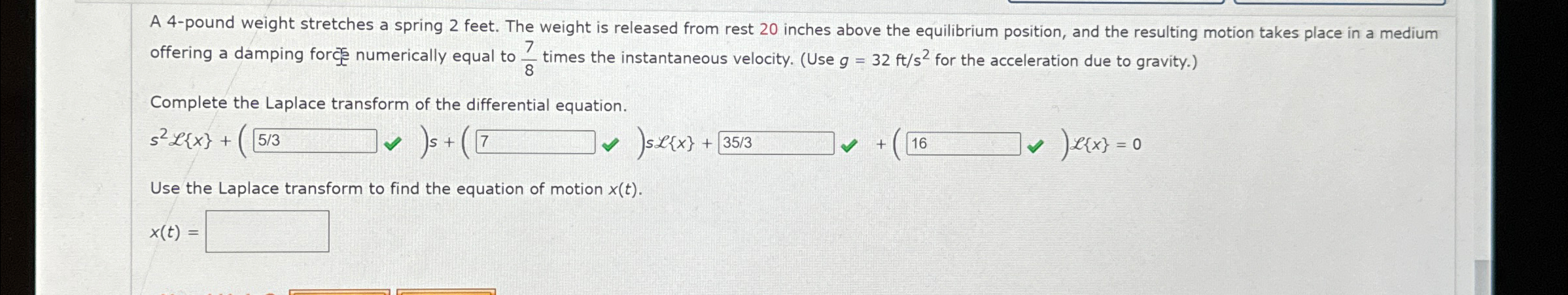 Solved A 4-pound weight stretches a spring 2 ﻿feet. The | Chegg.com