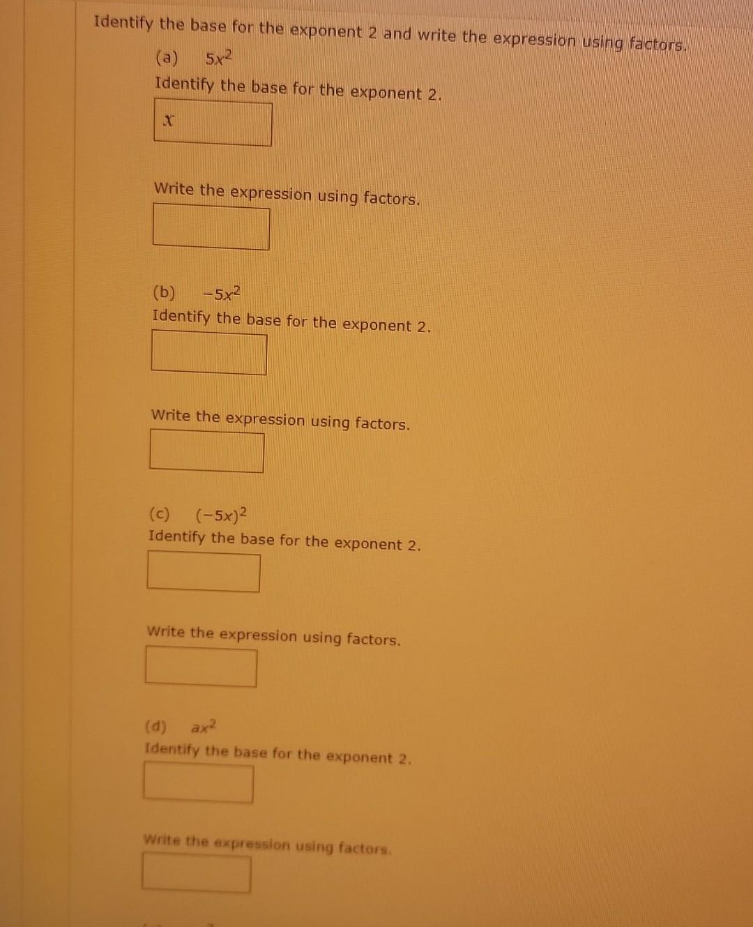 Solved Identify the base for the exponent 2 and write the | Chegg.com