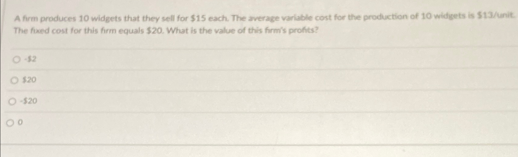Solved A firm produces 10 ﻿widgets that they sell for $15 | Chegg.com