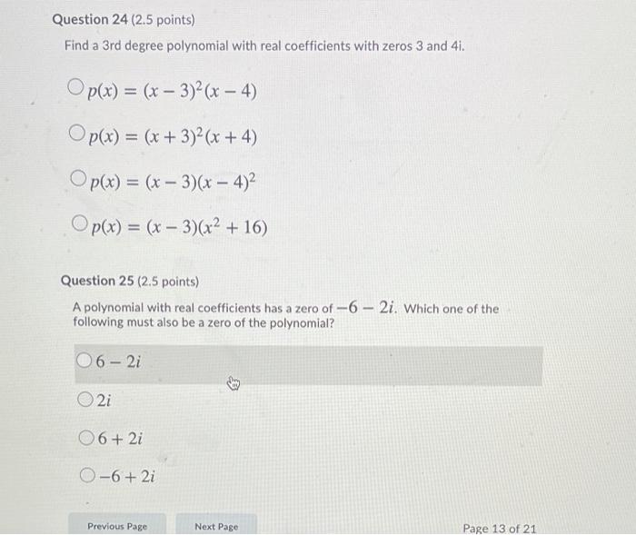 Solved Question 24 (2.5 points) Find a 3rd degree polynomial | Chegg.com