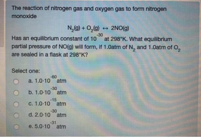 Solved The reaction of nitrogen gas and oxygen gas to form | Chegg.com