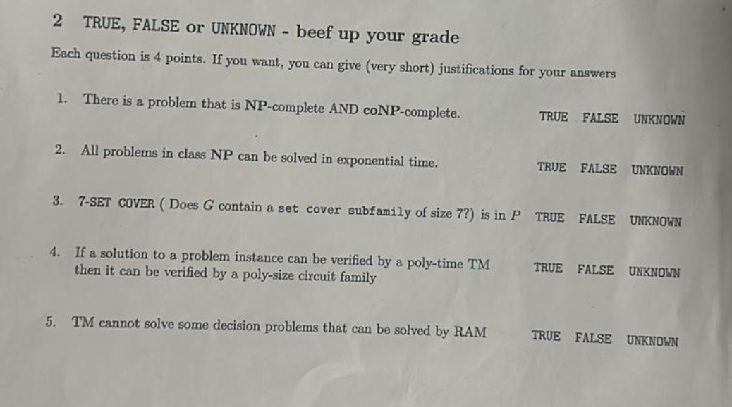 Solved 2 ﻿TRUE, FALSE or UNKNOWN - ﻿beef up your grade Each | Chegg.com