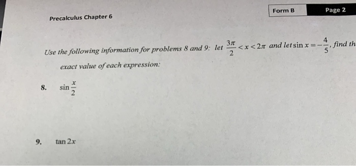 Solved Precalculus Chapter 6 Form B Page 2 | Chegg.com