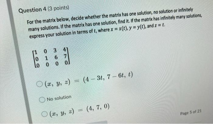 Solved Question 4 (3 points) For the matrix below, decide | Chegg.com
