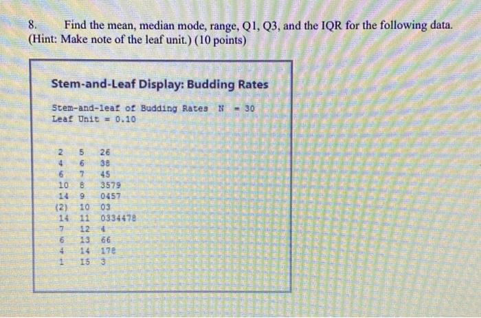 Solved 8. Find the mean, median mode, range, Q1, Q3, and the | Chegg.com