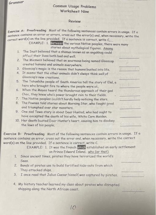Grammar Common Usage Problems Worksheet Nine Review | Chegg.com
