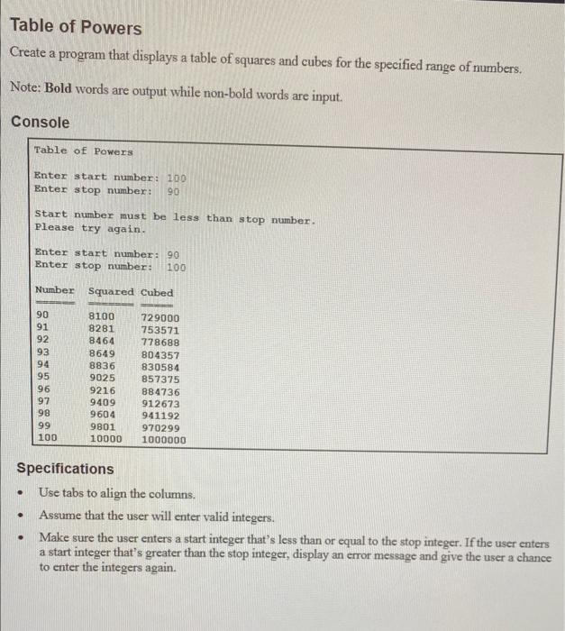 Solved Table of Powers Create a program that displays a | Chegg.com
