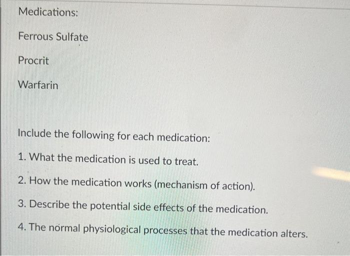 Solved Medications: Ferrous Sulfate Procrit Warfarin Include | Chegg.com