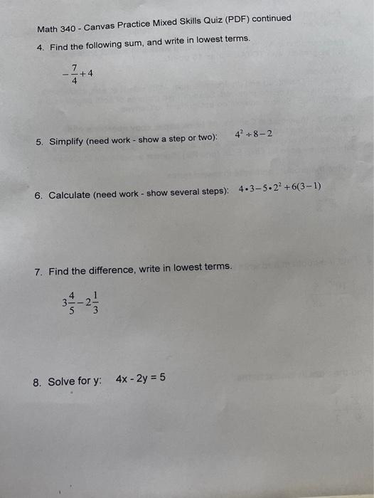 Solved Math 340 - Canvas Practice Mixed Skills Quiz (PDF) | Chegg.com