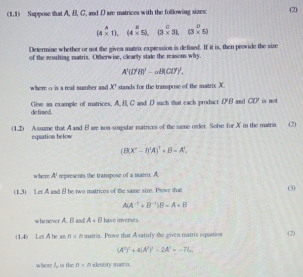 Solved (1.1) ﻿Suppose that A,B,C, ﻿and D ﻿are matrices with | Chegg.com