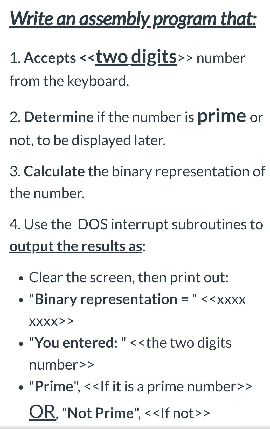 Solved Write an assembly program that: 1. Accepts number | Chegg.com