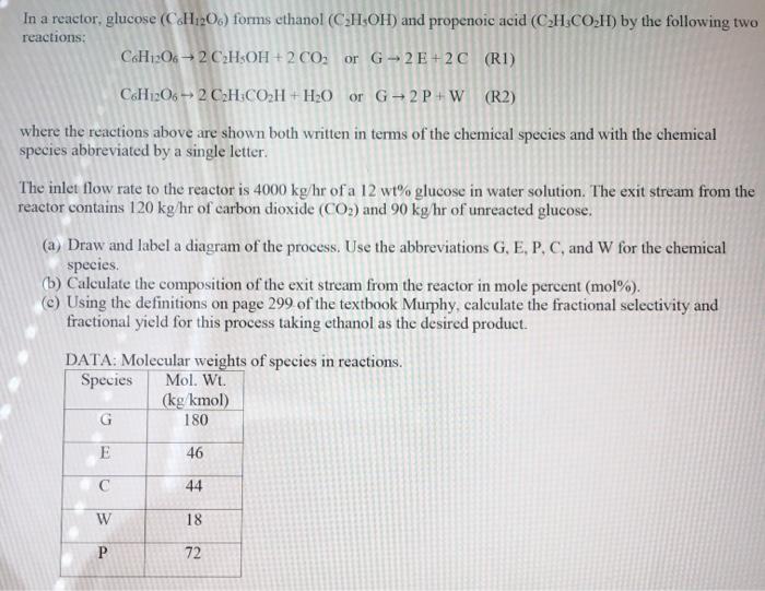 Solved In a reactor, glucose (C6H12O6) forms ethanol (CH-OH) | Chegg.com