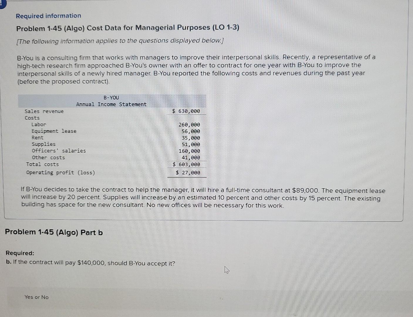 Solved Problem 1-45 (Algo) Cost Data for Managerial Purposes | Chegg.com