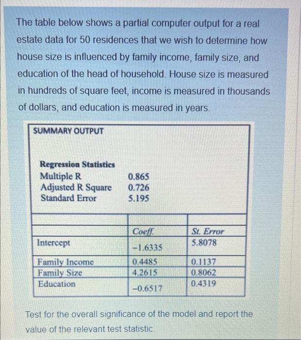 Solved The table below shows a partial computer output for a | Chegg.com