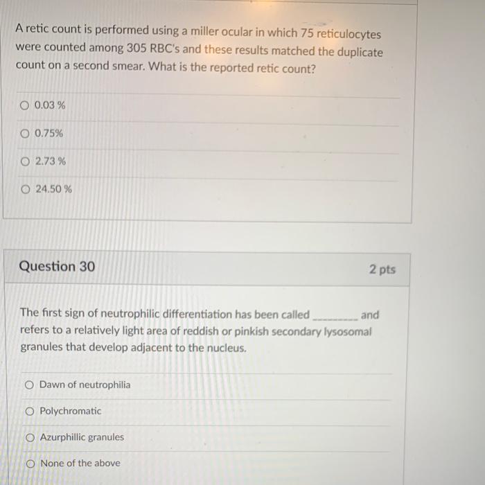 Solved A retic count is performed using a miller ocular in | Chegg.com