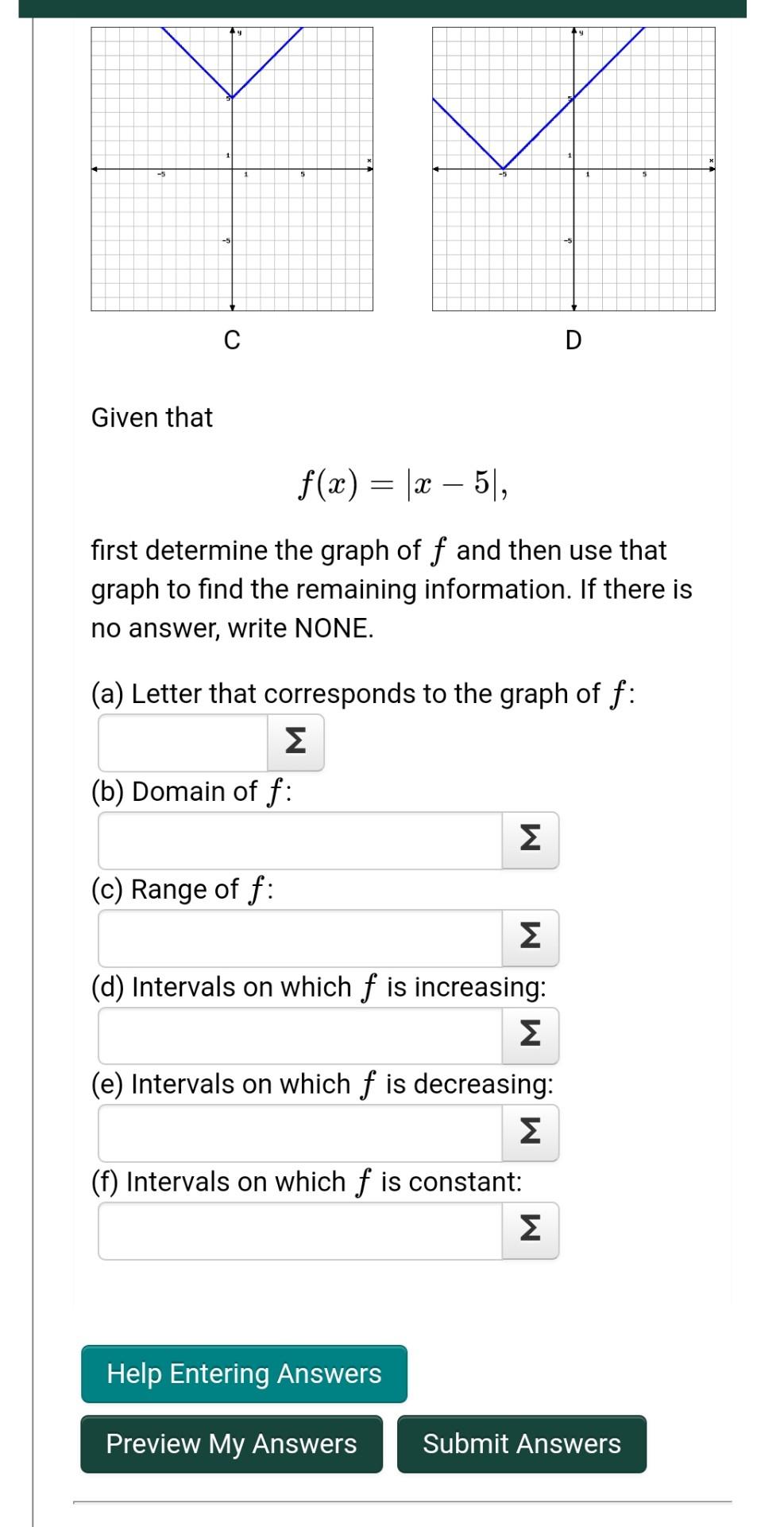 Solved (1 point) - y y -5 A B -5 5 -5 C D Given that f(x) = | Chegg.com