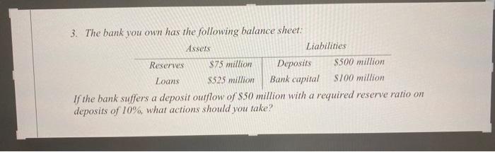 Solved 3. The bank you own has the following balance sheet: | Chegg.com
