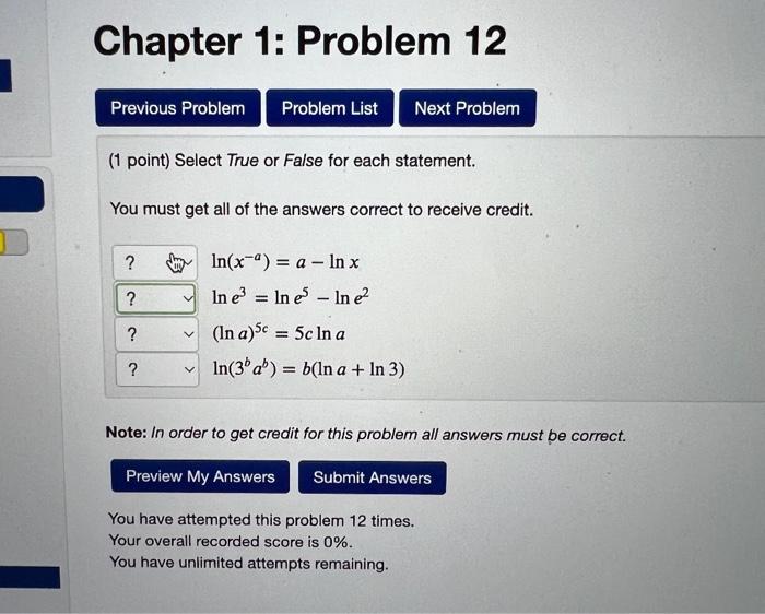 Solved (1 point) Select True or False for each statement. | Chegg.com