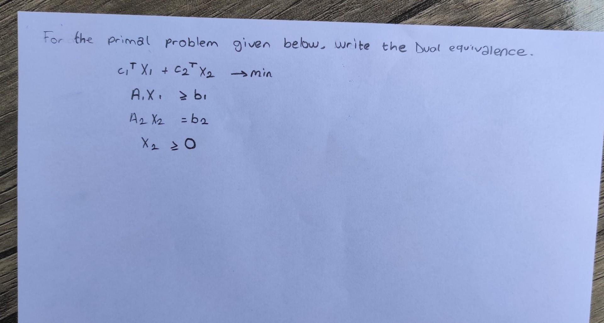 Solved For the primal problem given below, write the Dual | Chegg.com