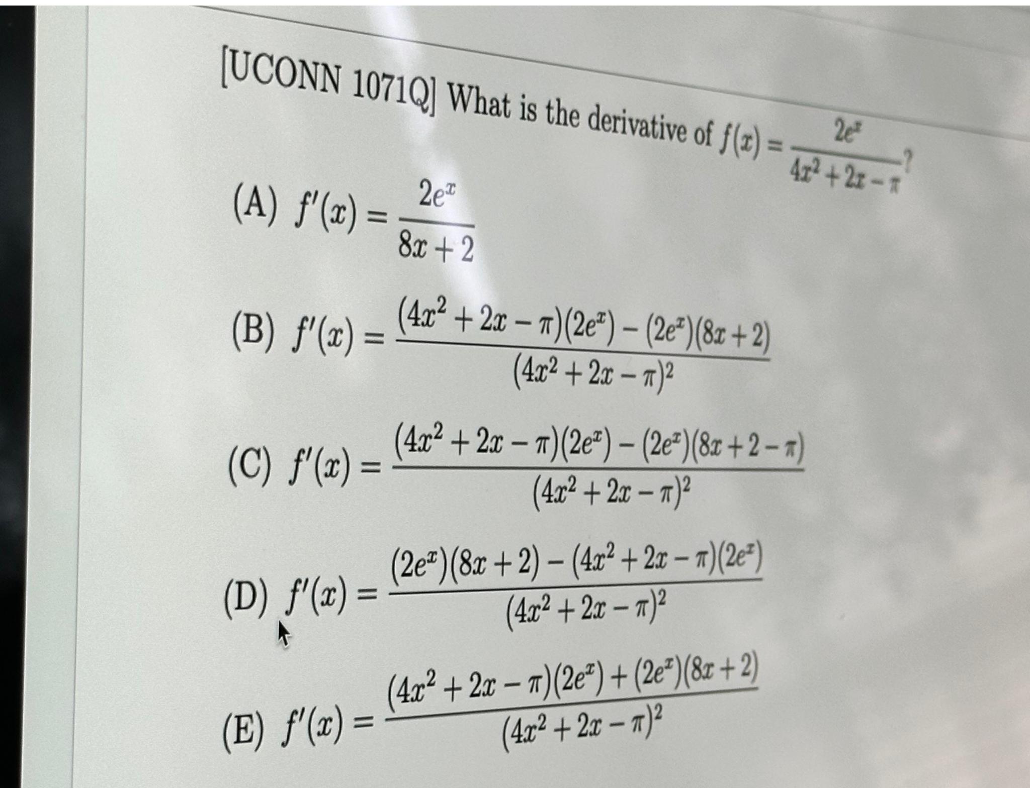 Solved [UCONN 1071Q] ﻿What is the derivative of | Chegg.com