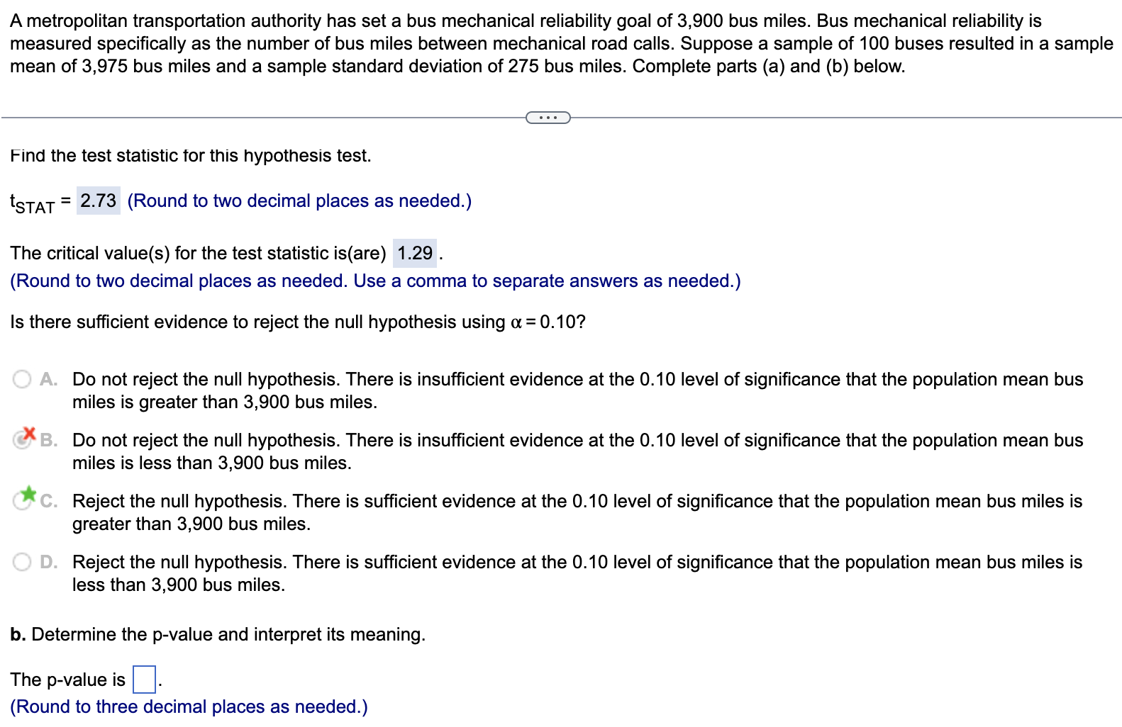 Solved b. ﻿Determine the p-value and interpret its | Chegg.com