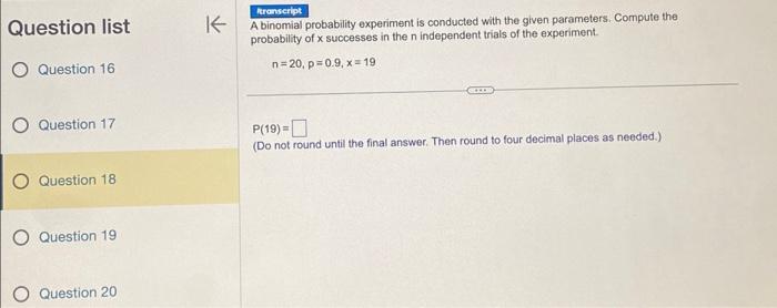 Solved Question list Question 16 Question 17 Question 18 | Chegg.com