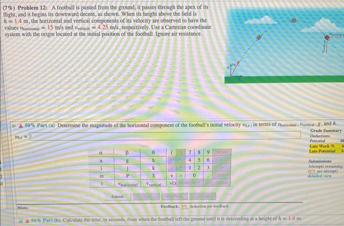 [Solved]: (7 %) Problem 12: A football is punted from the g