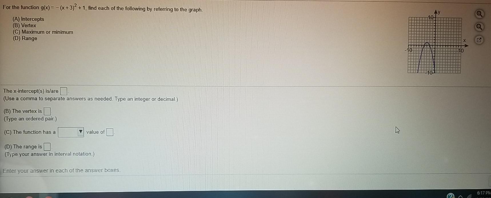 Solved For the function g(x)=-(x+3)2 + 1, find each of the | Chegg.com Solved For the function g(x)=-(x+3)2 + 1, find each of the | Chegg.com