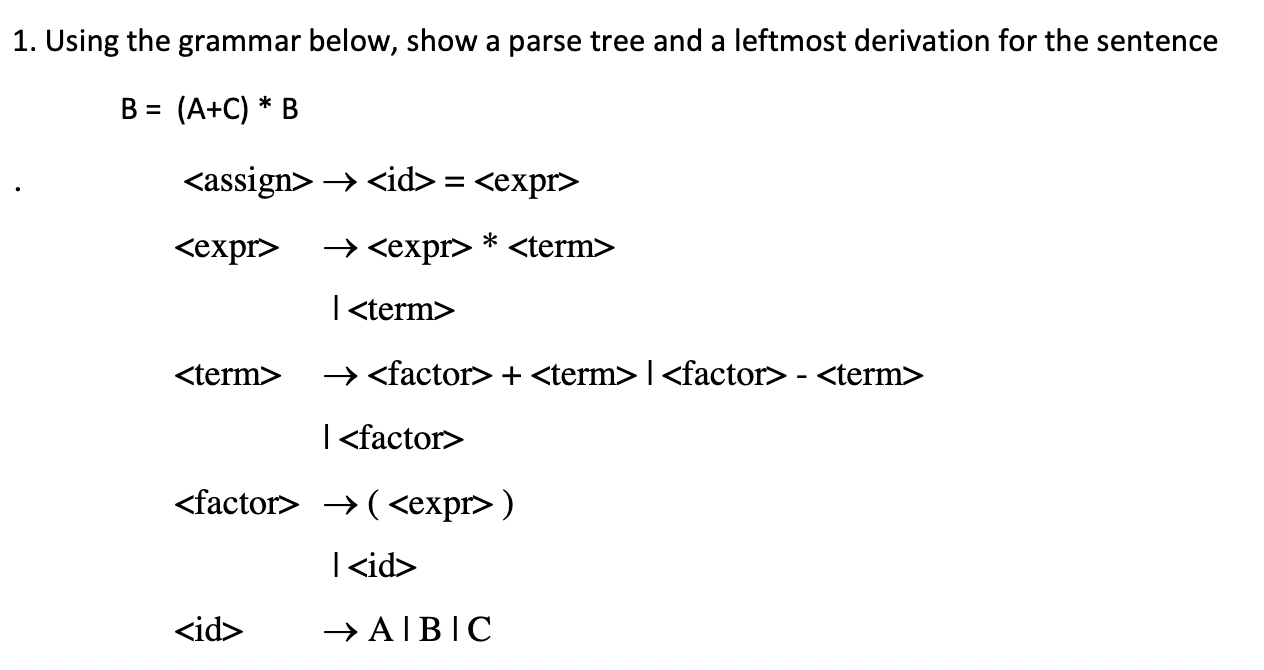 Solved Using the grammar below, show a parse tree and a | Chegg.com