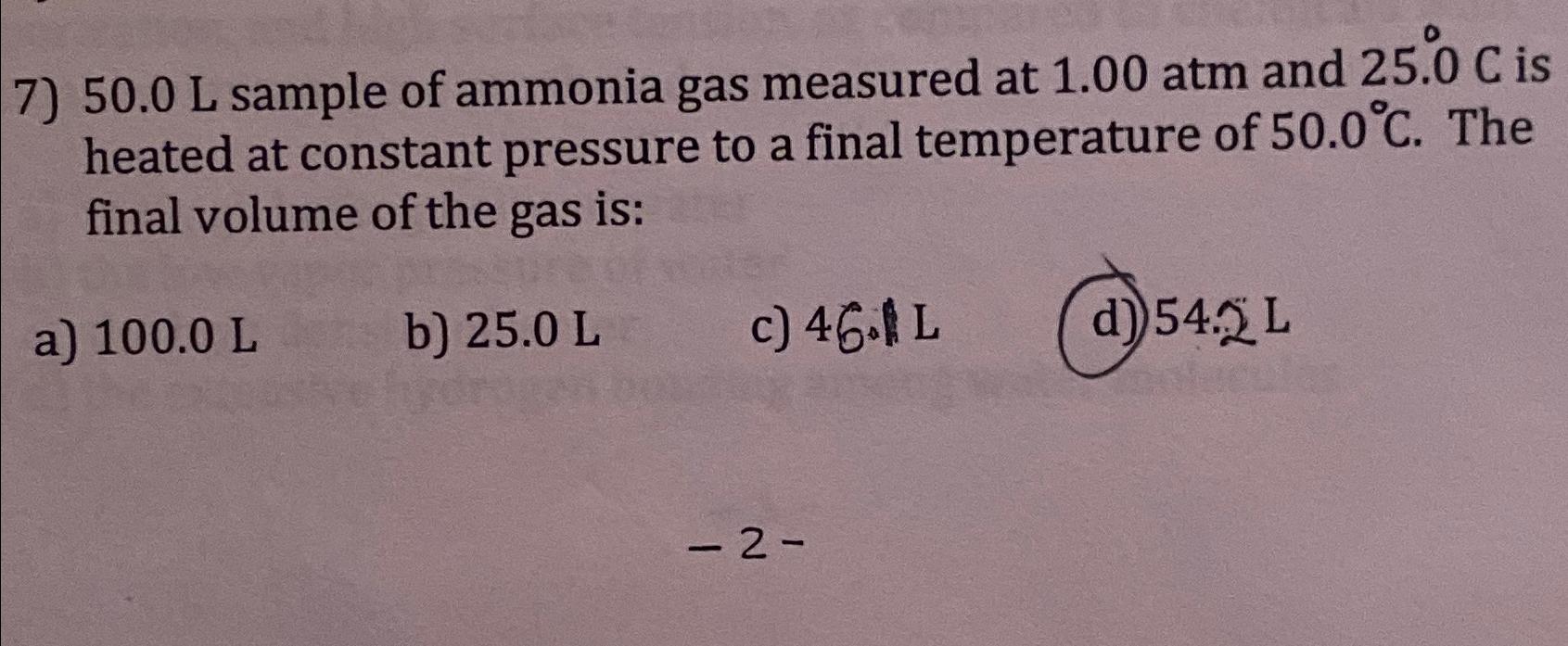 Solved 50.0L ﻿sample of ammonia gas measured at 1.00atm and | Chegg.com