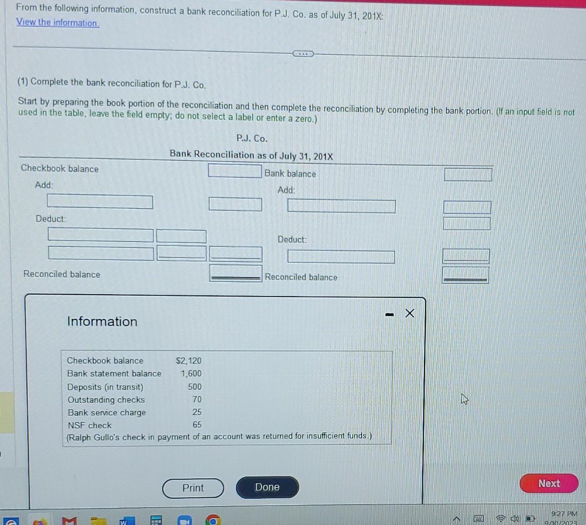 Solved From the following information, construct a bank | Chegg.com