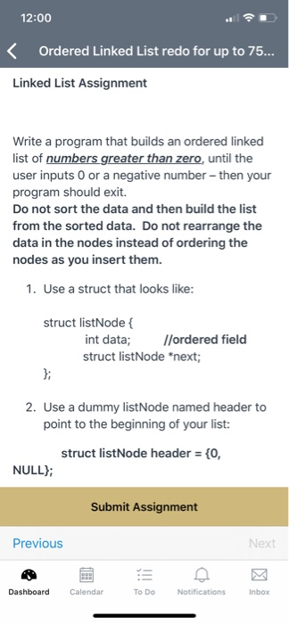 Solved 12:00 Ordered Linked List redo for up to 75... Linked | Chegg.com