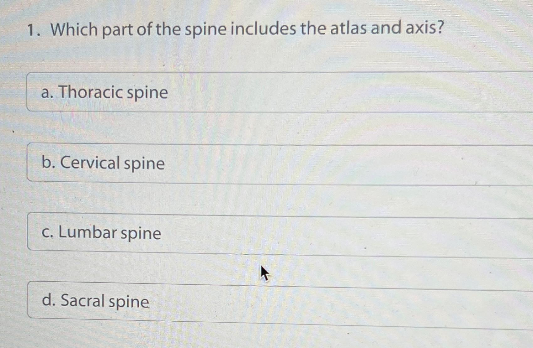 Solved Which part of the spine includes the atlas and | Chegg.com