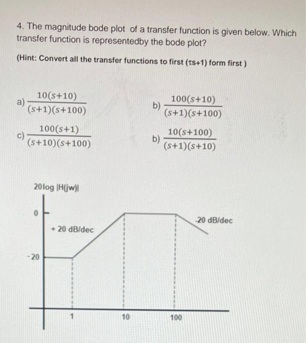 Solved 4. The magnitude bode plot of a transfer function is | Chegg.com