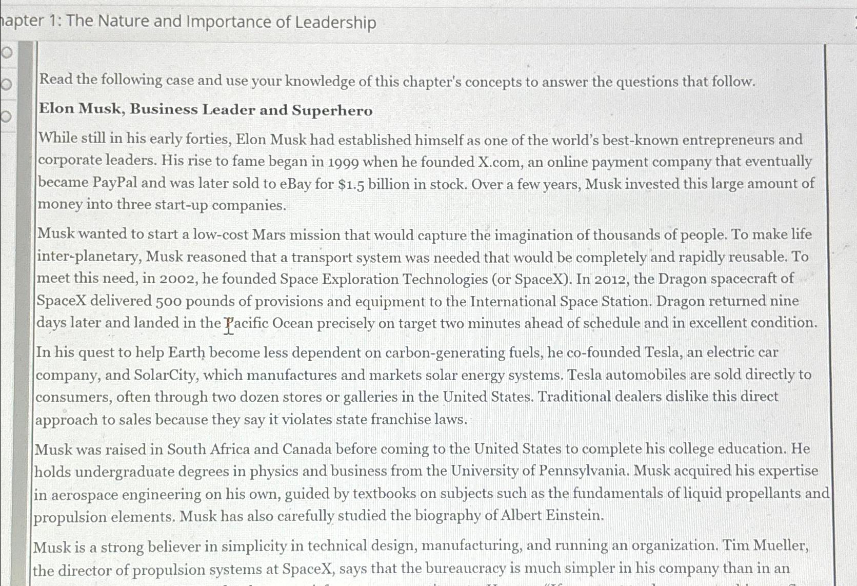 Solved lapter 1: The Nature and Importance of LeadershipRead | Chegg.com