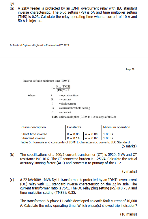 Solved Q5.(a) A 22 kV ﻿feeder is ﻿protected by an ﻿IDMT | Chegg.com