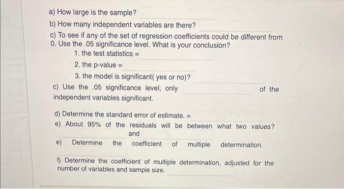 Solved The following regression output was obtained from a | Chegg.com