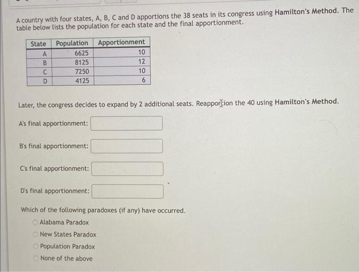 Solved A country with four states, A, B, C and D apportions | Chegg.com
