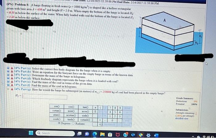 Solved (6\%) Problem \$: A barge floating in frech water | Chegg.com