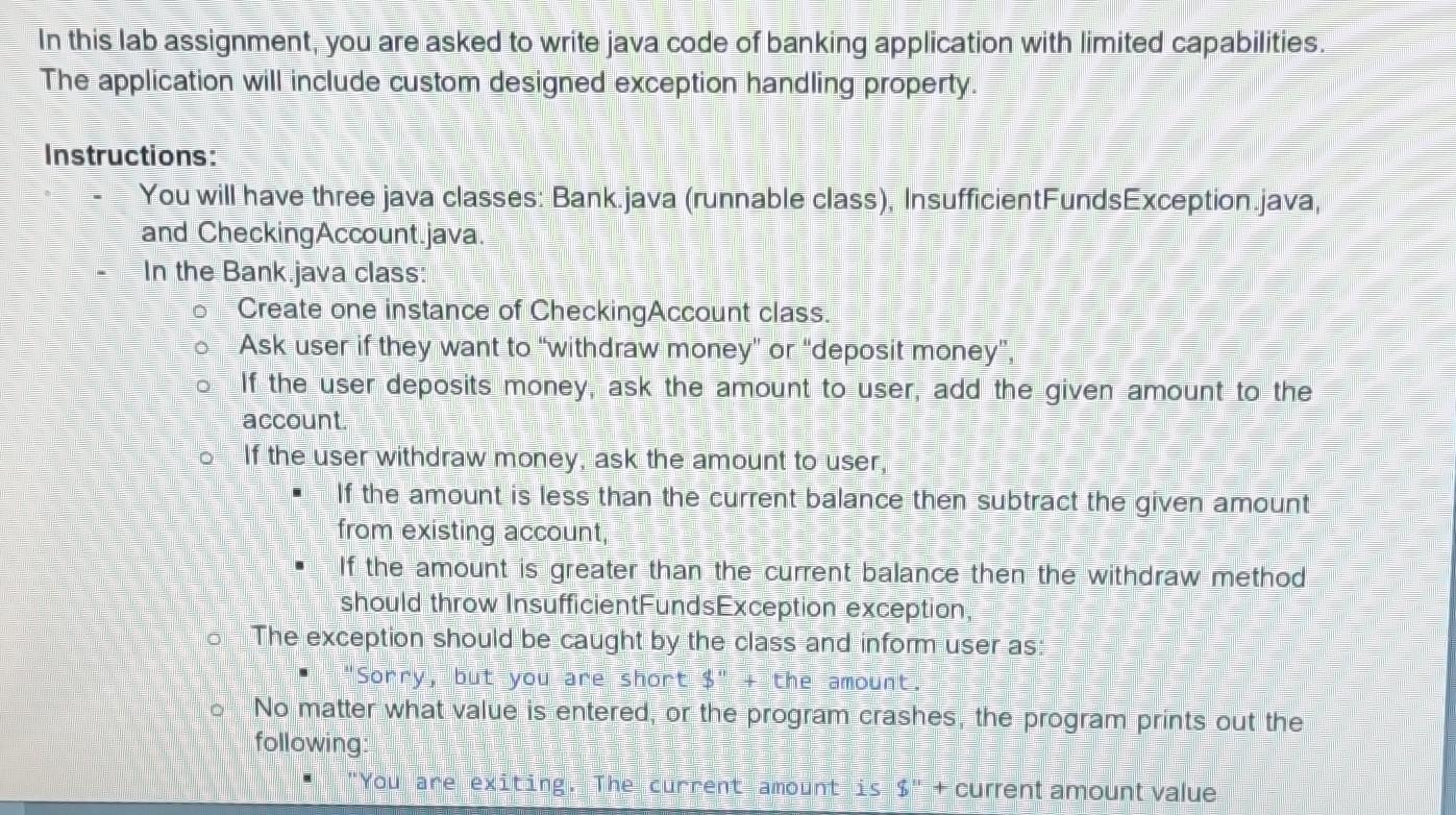 Solved - InsufficientFundsException.java class: - Extends | Chegg.com
