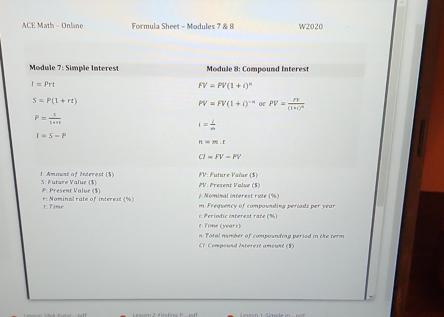 Solved ACE Math - Online Formula Sheet - Modules 7&8 W2020 | Chegg.com