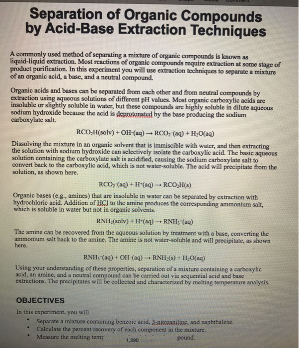 Solved Separation of Organic Compounds by Acid-Base | Chegg.com