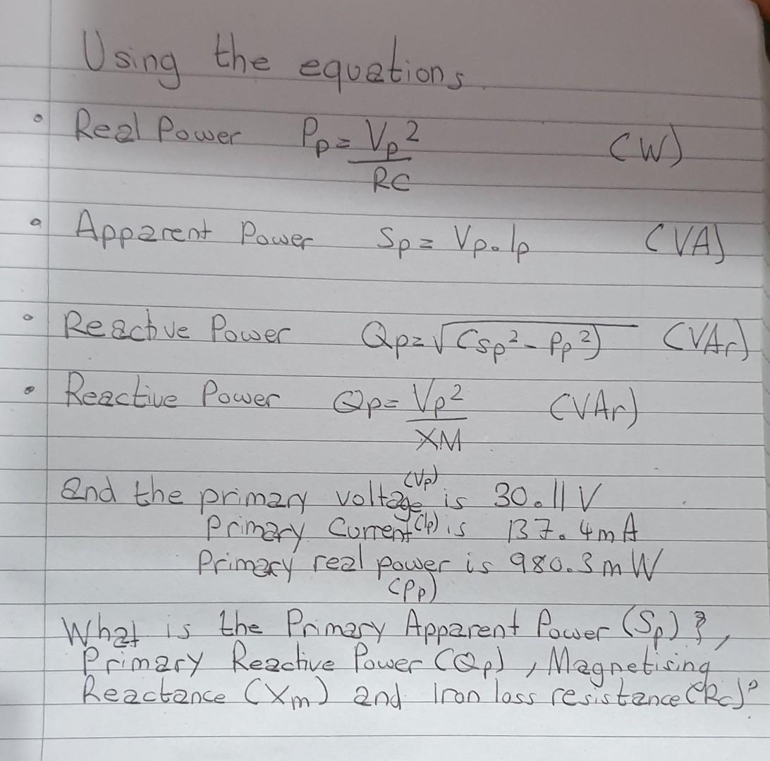 Solved Using the equations Real Power Pp = Vp ² (W) RC | Chegg.com
