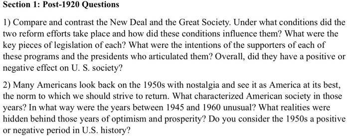 Section 1: Post-1920 Questions 1) Compare and | Chegg.com