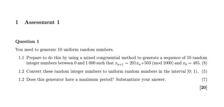 Solved Question 1 You Need To Generate 10 Uniform Random